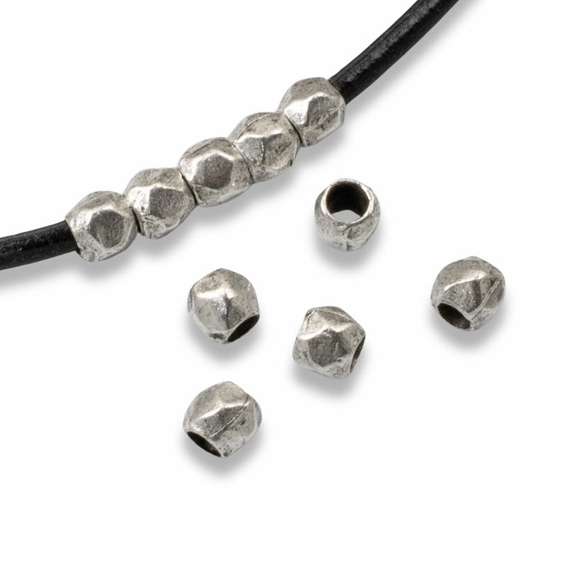 10 Faceted Round 4mm Beads for Leather - Silver Plated Pewter