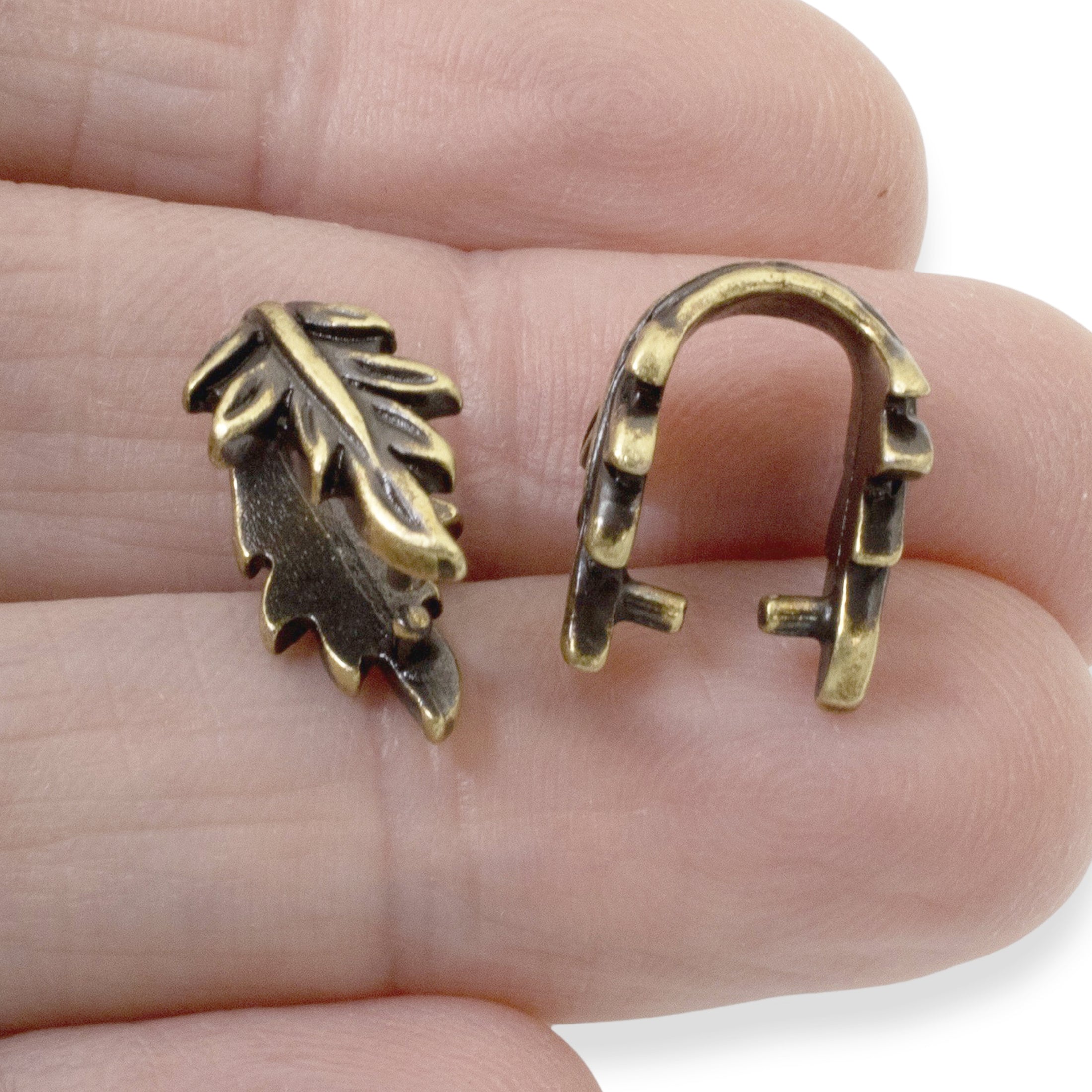 4 Antique Brass Leaf Pendant Pinch Bails - Elegant Botanical Design