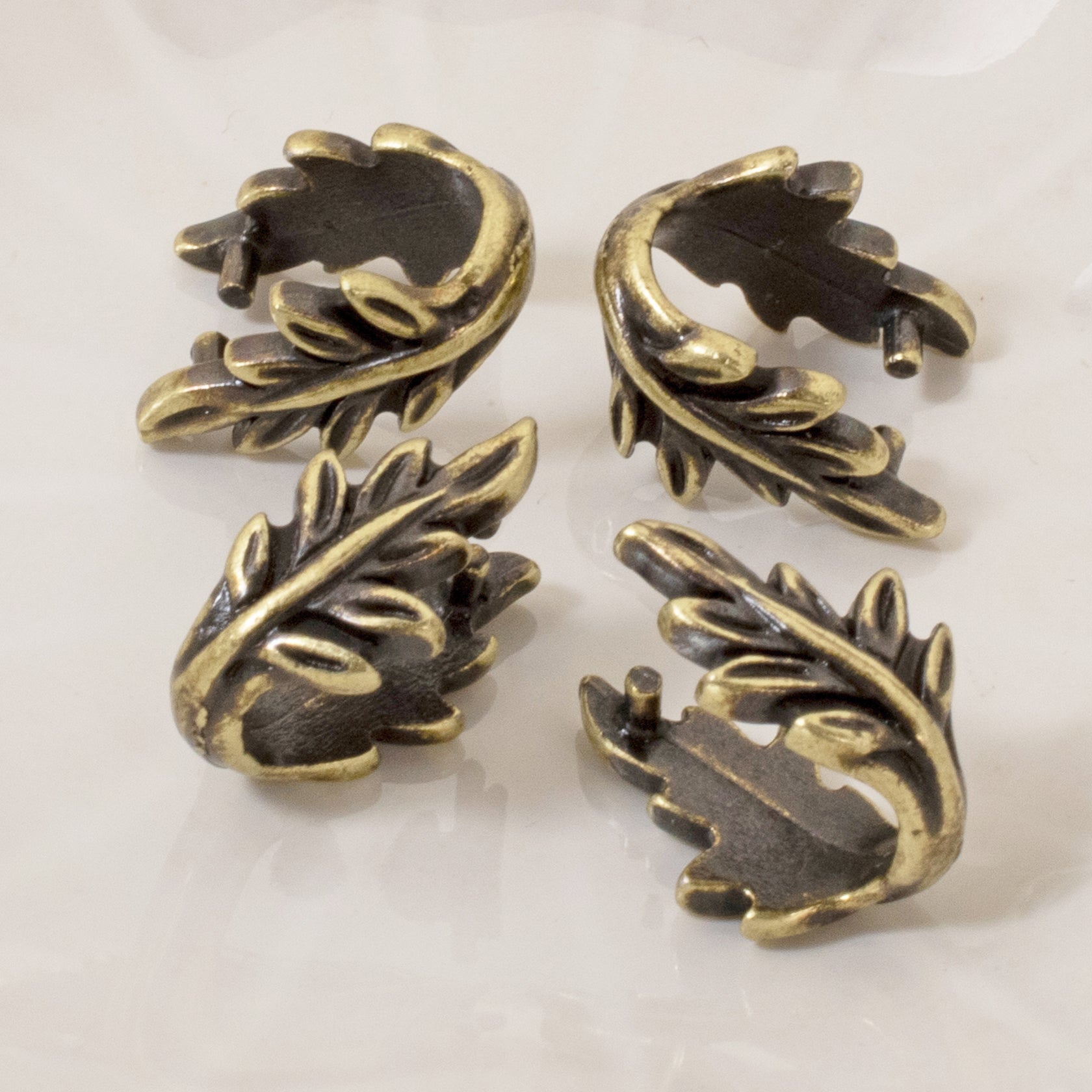 4 Antique Brass Leaf Pendant Pinch Bails - Elegant Botanical Design